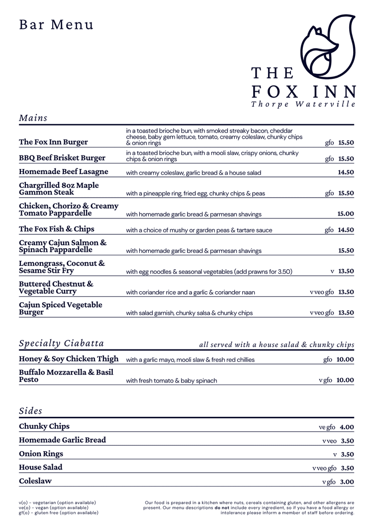 Bar Menu — The Fox Inn, Thorpe Waterville