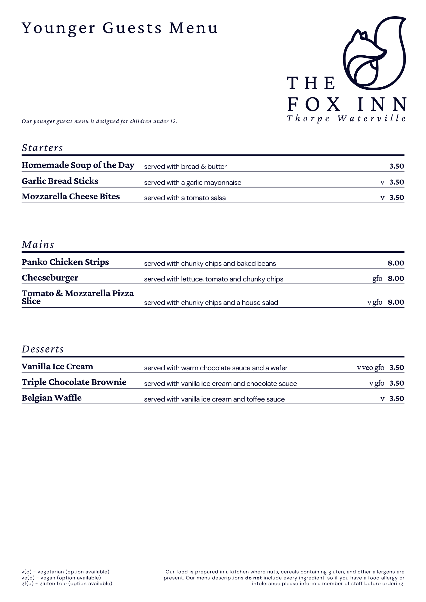Younger Guests Menu — The Fox Inn, Thorpe Waterville
