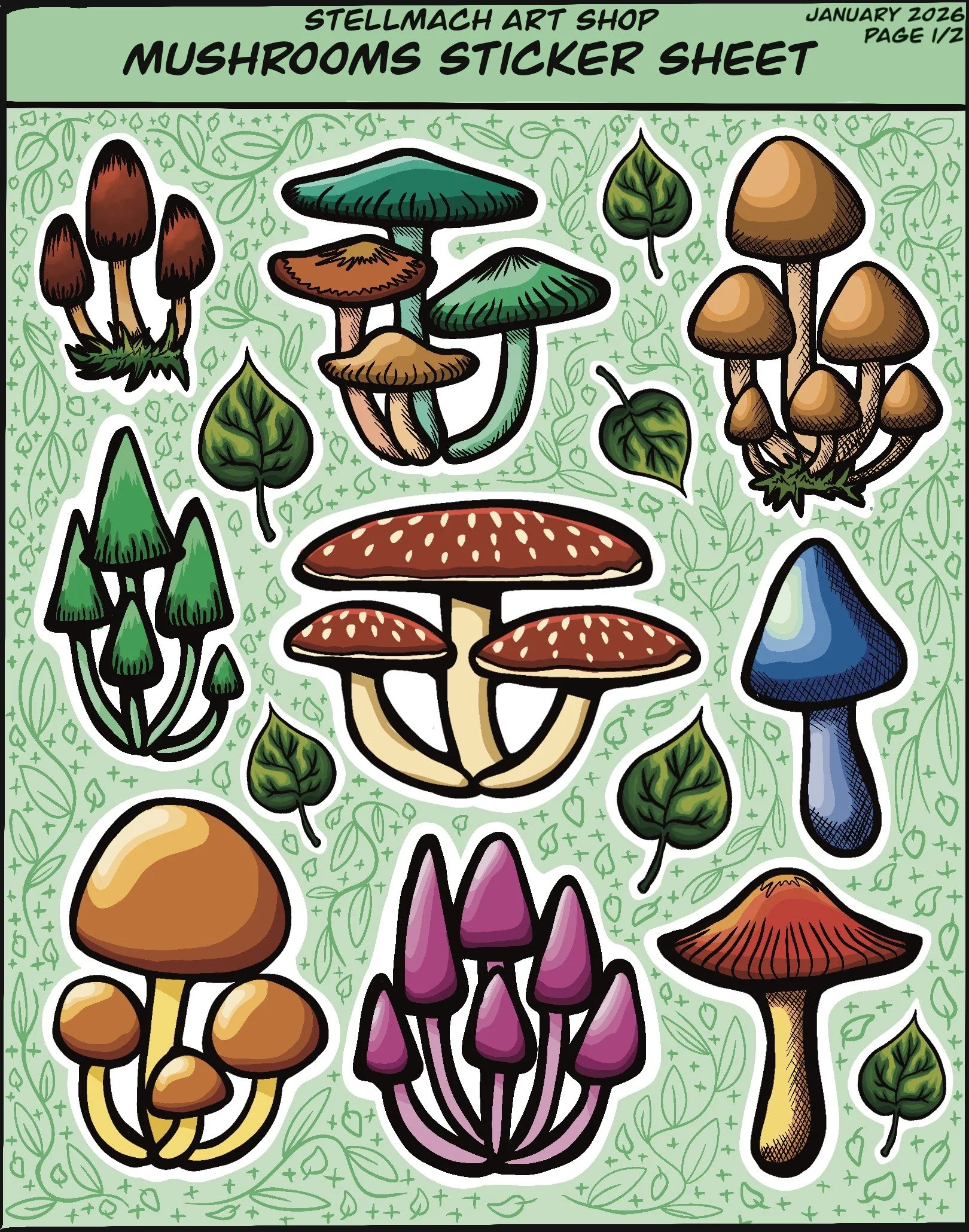 "Mushrooms" Sticker Sheet (2 Sheets Per Pack) Waterproof — Stellmach ...