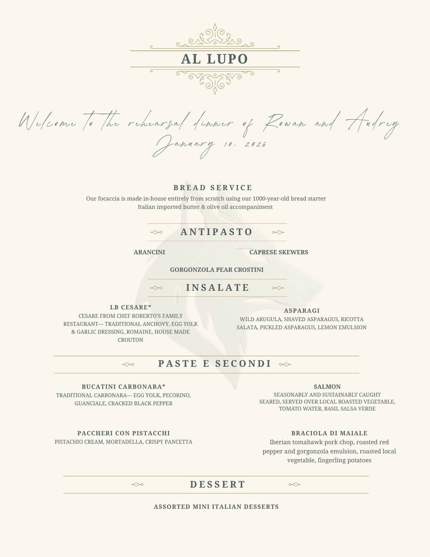 Sample Buffet Menu — Al Lupo Ristorante