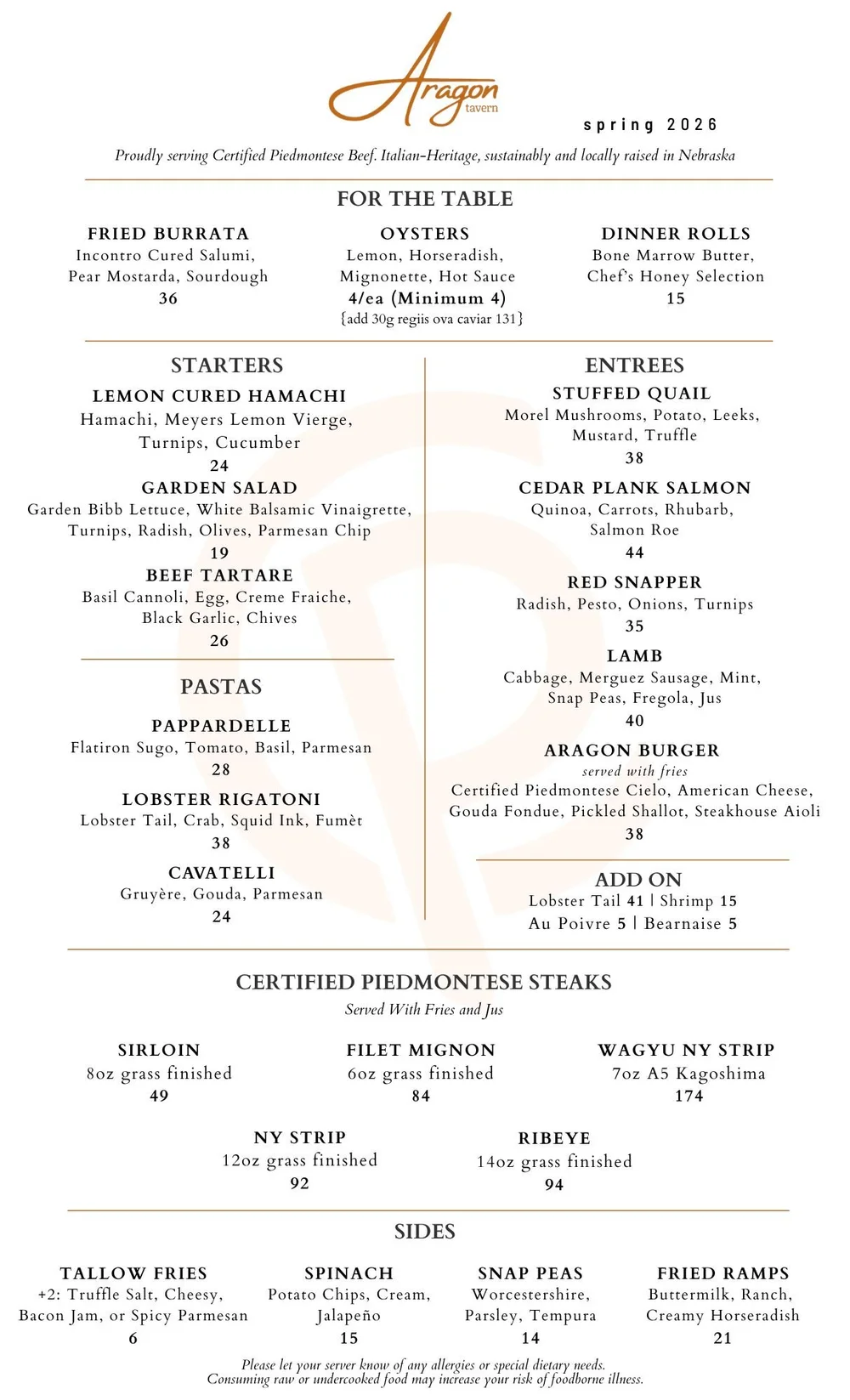 Menu 1 — Aragon Tavern
