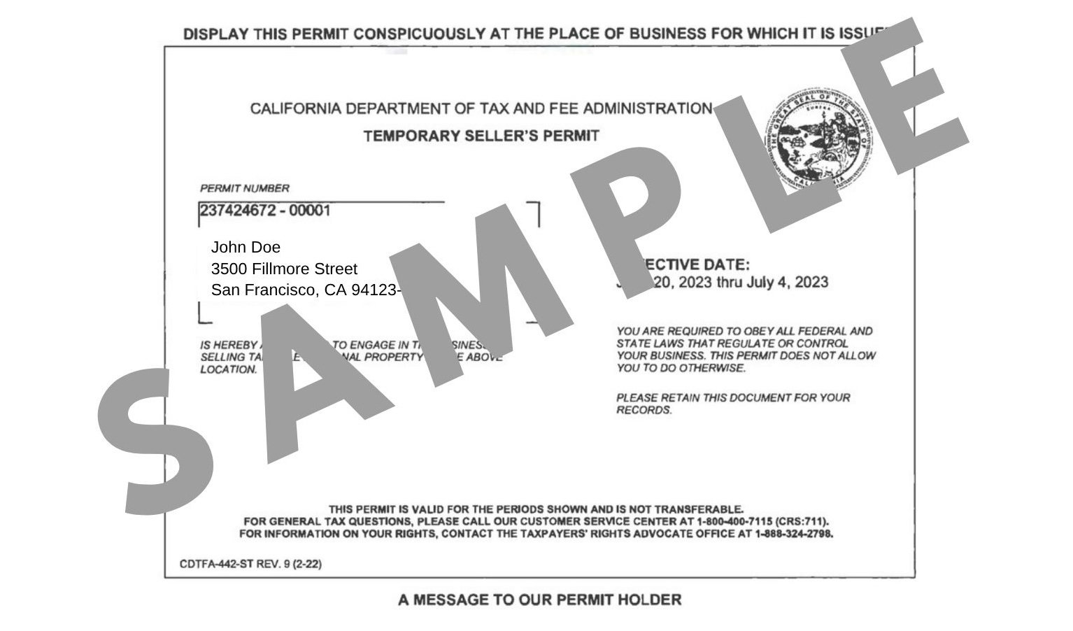 Seller's Permit Compliance Notice — FOUND IN THE FOG